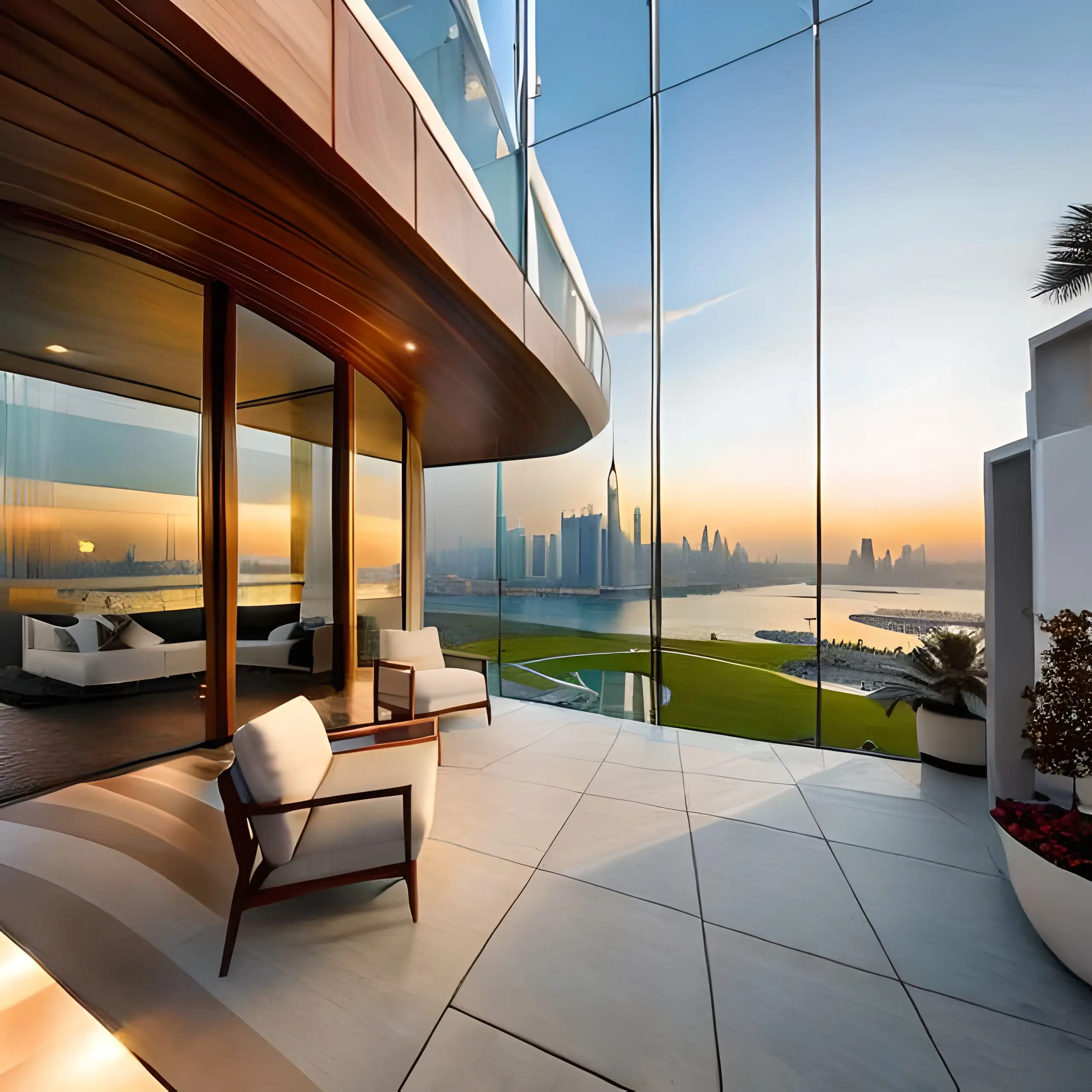 couch is placed at balcony with view of dubai skyline these houses ...